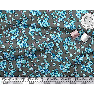 Soimoi Cotton Canvas Grey Fabric - by The Yard - 56 Inch Wide - Blue Flower Floral Material - Tranquil and Botanical Designs for Stylish Apparel Printed Fabric