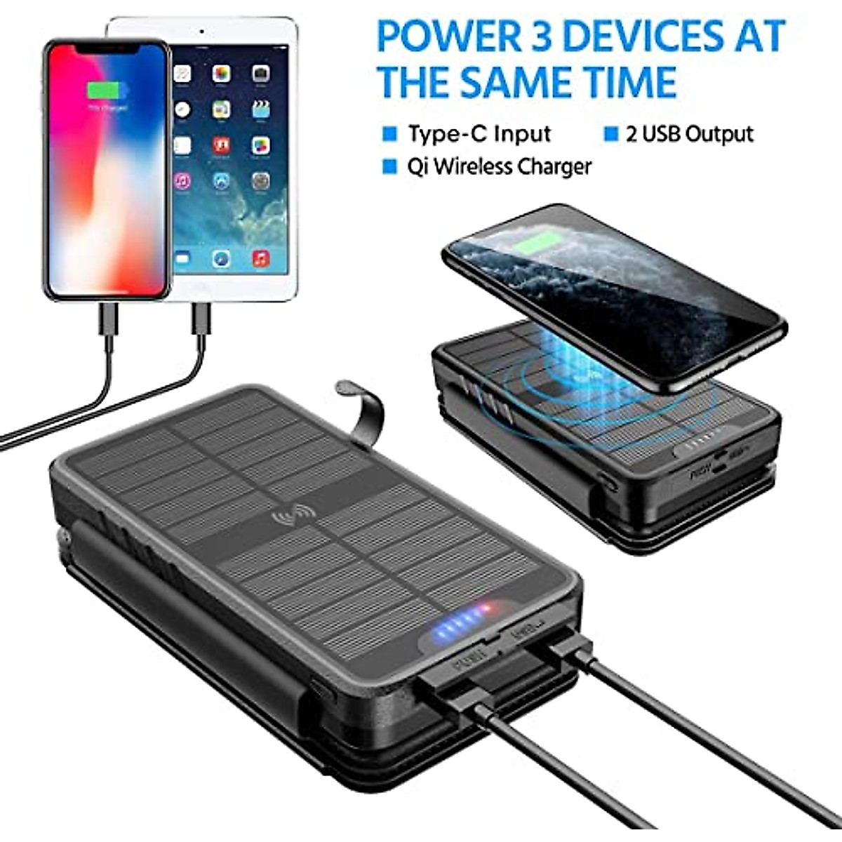 Solar Charger 38800mAh Solar Power Bank with Dual 5V3.1A Outputs 10W Qi Wireless Charger Waterproof Built-in Solar Panel and Bright Flashlights