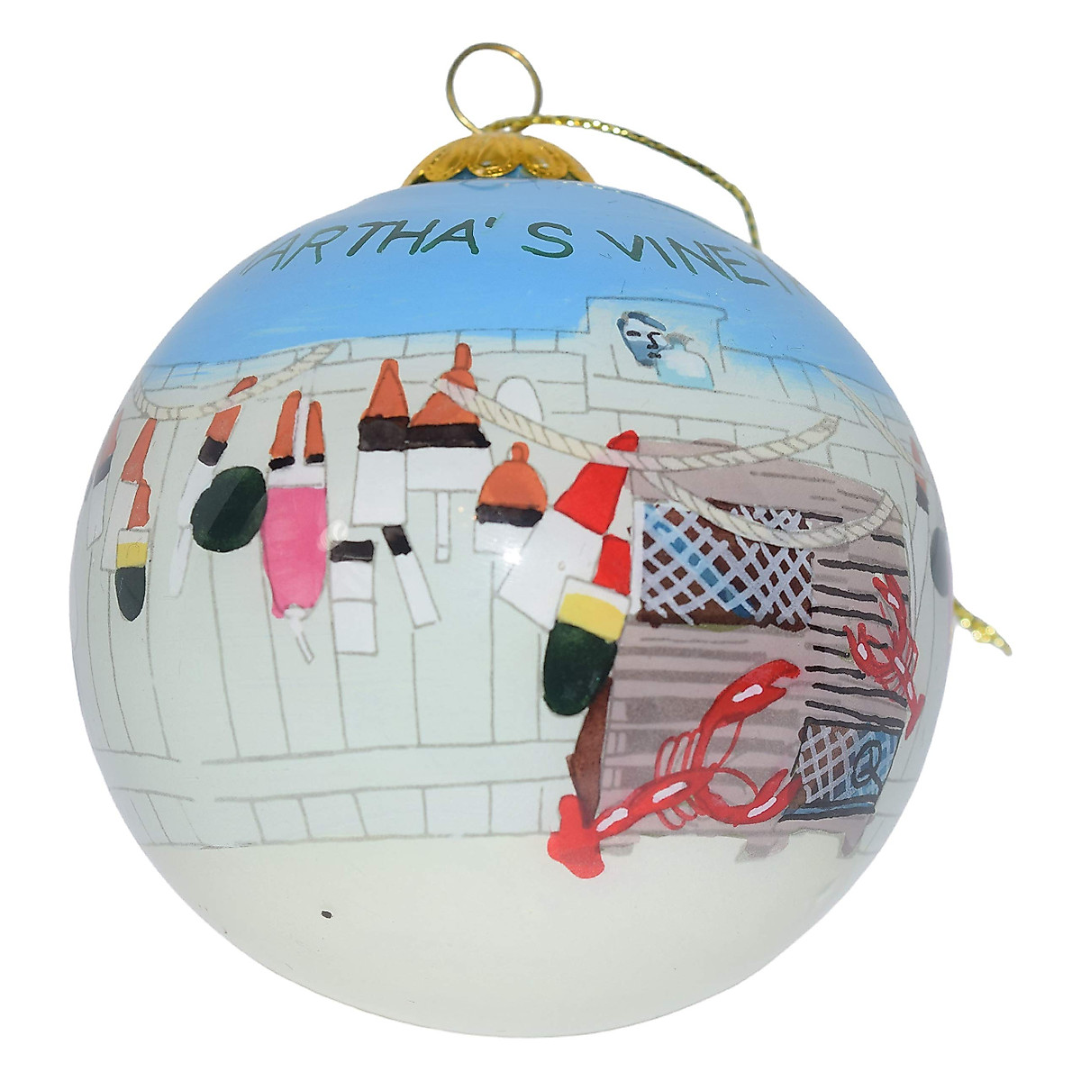 Blown Glass Christmas Ornament | Lobster Traps & Buoys On Fence Martha's Vineyard | Hand Painted Inside | Original Art | Includes Gift Box