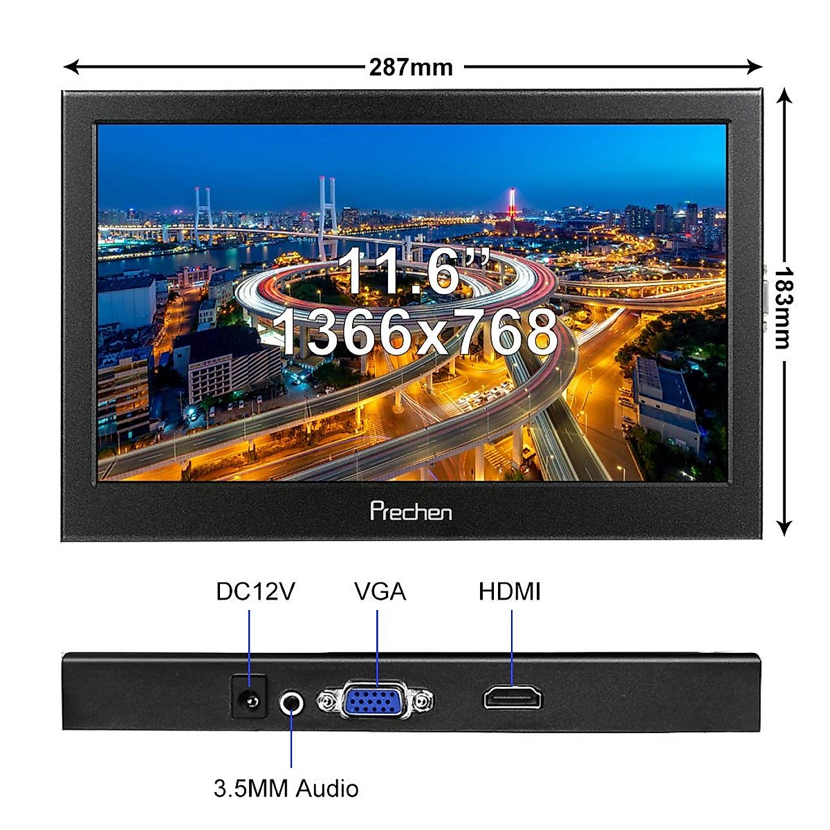 Prechen 11.6 inch Portable Monitor, 1366X768 External Screen for Computer Small Monitor for Laptop PS3 PS4 Raspberry Pi 3 2 1 Windows 7 8 10 System Home Office,Build in Speaker,60hz