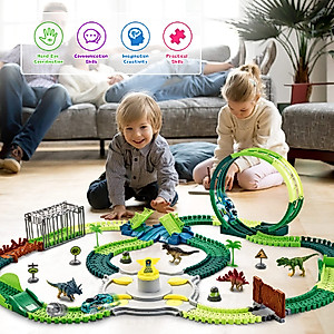 236 PCS Dinosaur Toys Race Track, Create a Dinosaur World Road,Flexible 360° Train Tracks Playset with Turntable Playset, Christmas Birthday Gifts for 3 4 5 6 7 Years Old Boys Girls Kids