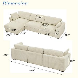 HOLYFIND 130" Oversized Sectional Sofa,L Shaped Couch for Living Room,Modern Corduroy Modular Sofa,Deep 4 Seat Sofa Sleeper with Moveable Ottoman and Two Pillows (Beige, L Shape Sofa)