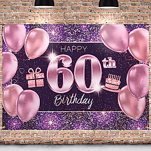 PAKBOOM Happy 60th Birthday Banner Backdrop - 60 Birthday Party Decorations Supplies for Women - Pink Purple Gold 4 x 6ft