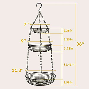 HULISEN 3 Tier Hanging Fruit Basket with Banana Hook, Heavy Duty Wire Hanging Baskets for Kitchen Storage, 36 Inch Hanging Vegetable Produce Basket Organizer (Including Installation Bracket)