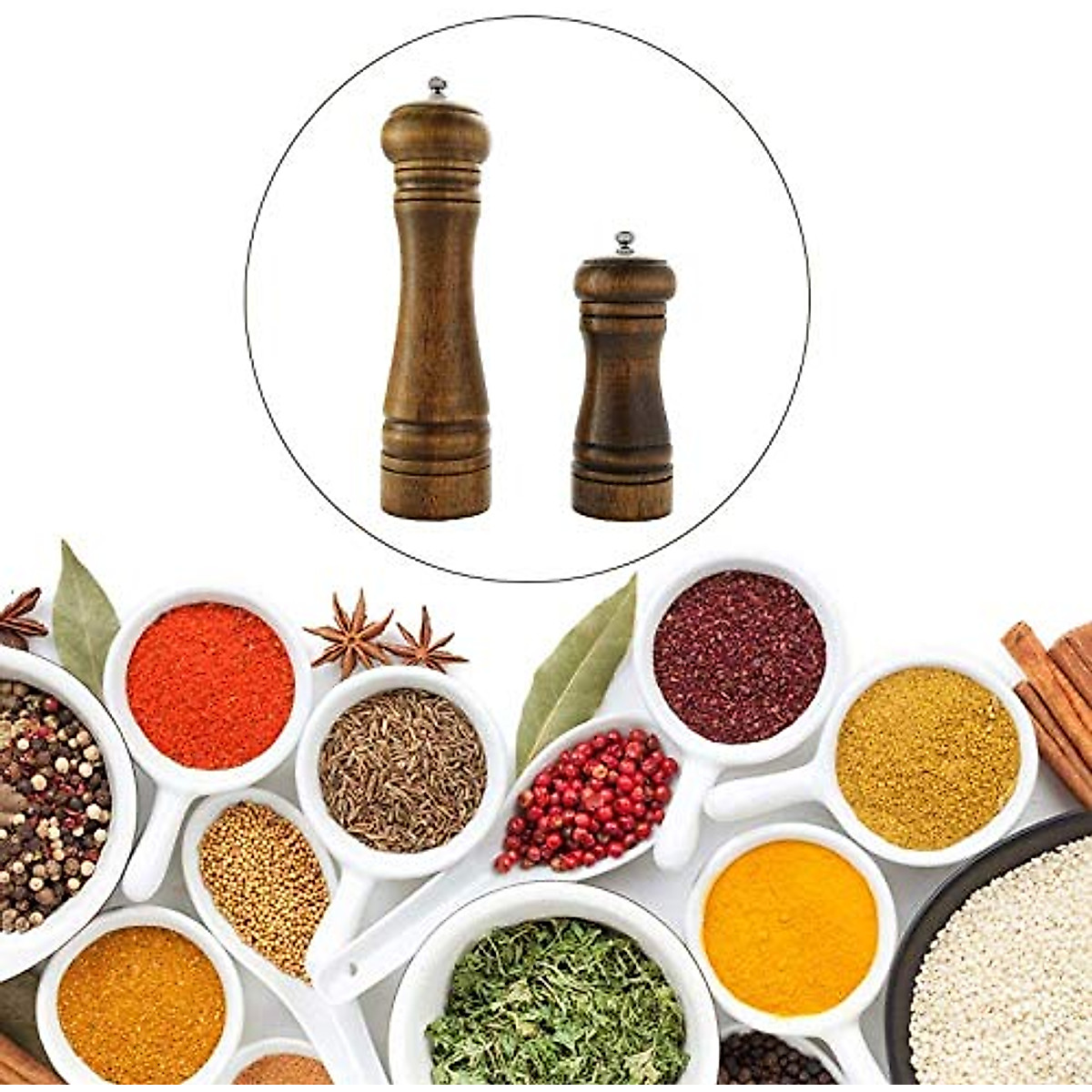 CAFFIA Wood Salt and Pepper Mill Set, Pepper Grinders, Salt Shakers with Adjustable Ceramic Rotor,Manual Spice Grinder Seasoning Powder Shakers Grinding Bottle Set Kitchen Barbecue Tools- 8 inches