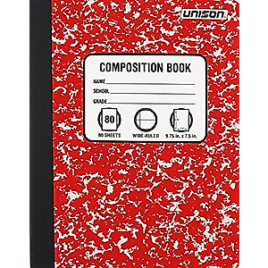 Bundle of 5 Wide Ruled Marbled Composition Notebooks; 1 of Each Color ;Red, Blue, Green, Yellow and Black