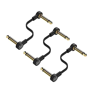 Rock Stock Guitar Flat Patch Cables (Pack of 3) - 12 Inch S-Shape Ultra-Thin Effect Guitar Pedal Patch Cables - Right-Angle, Black with Durable Gold Plated Connectors, Maximize Pedalboard Space