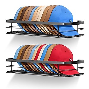 KIMBORA Metal Hat Rack for Wall, Hat Organizer for Baseball Caps Holds 30 Hats Wall Mounted Baseball Hat Storage Organizer Fits All Caps Shelves, 2 Packs Hat Holder Display, Black