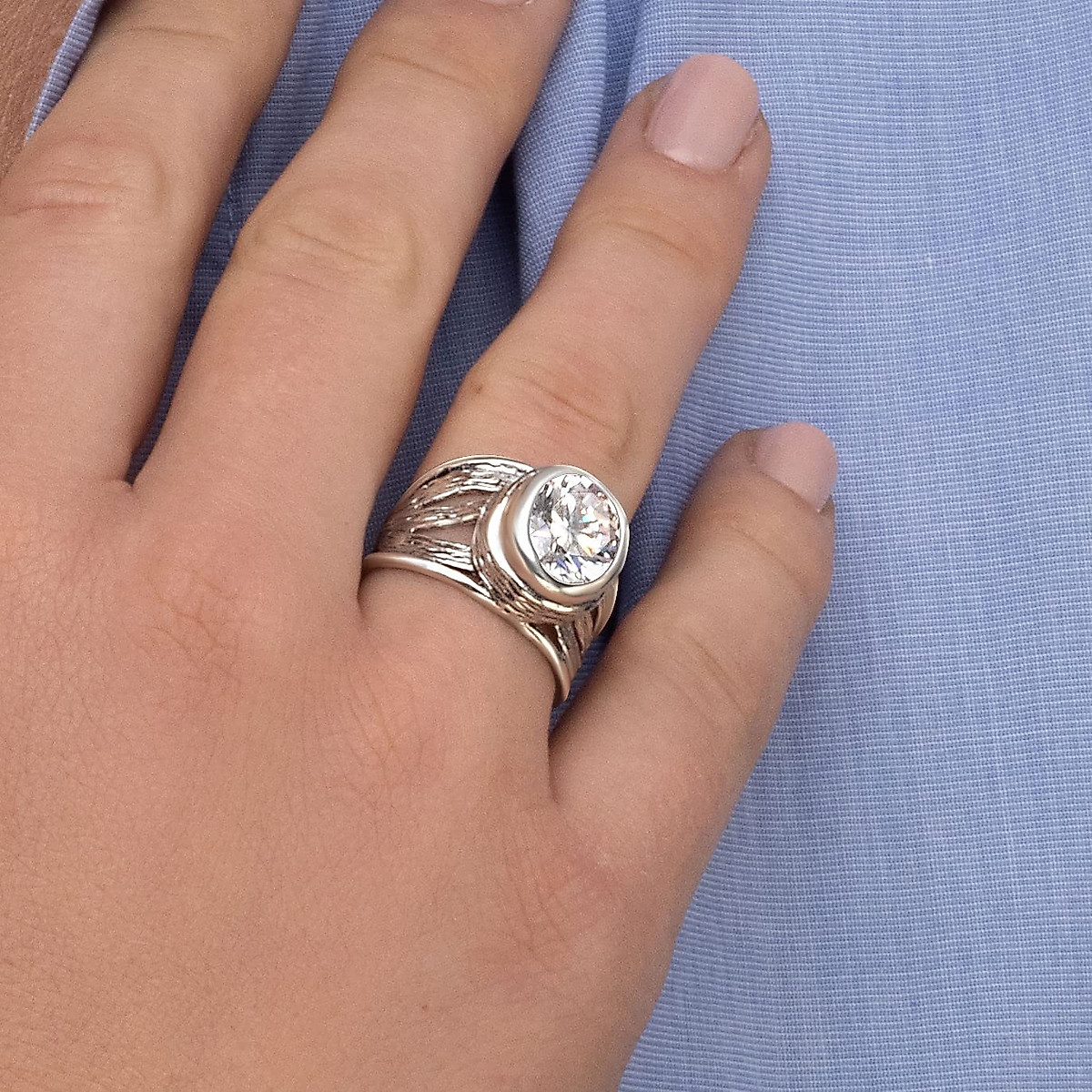 JEAN RACHEL JEWELRY 925 Sterling Silver Ring With White Oval Clear Cubic Zirconia Bezel, Hypoallergenic, Nickel and Lead-free, Artisan Handcrafted Designer Collection, Made in Israel