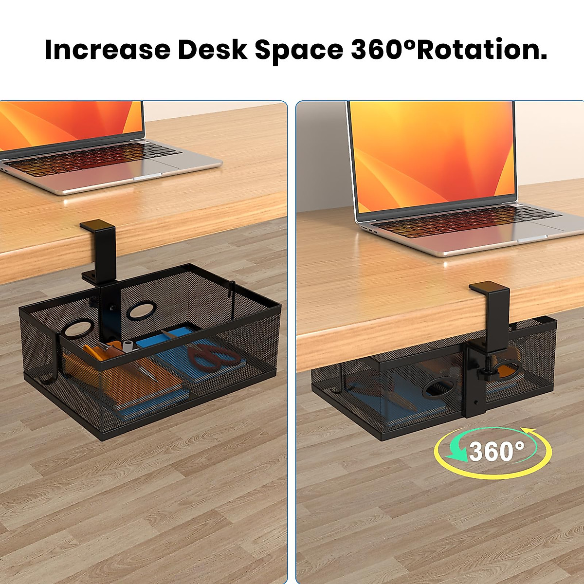 HAMOPY Under Desk Drawer Organizer, Clamp-on No Drill Under Desk Storage Drawers with 2 Cable Holes, 360° Rotatable Hidden Desk Must Haves for Home and Office Accessories