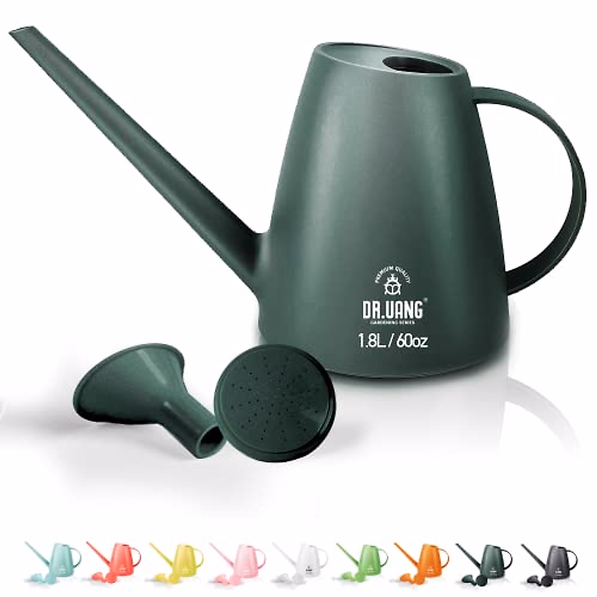 DR.UANG Watering Can for Indoor House Plants Long Spout with Detachable Spray Head Watering Cans for Plant Garden Flower, Water Can for Outdoor Plants 1.8L 60oz 1/2 Gallon (Dark Green)