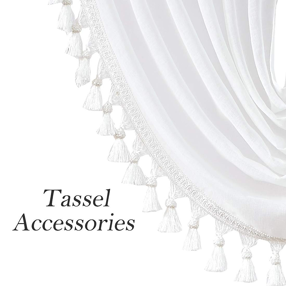 Central Park White Solid Waterfall Valance Window Curtain Linen Texture Rod Pocket with Tassel Accessories for Living and Bedroom Semi Sheer Kitchen Curtain, 56"x38", 1 Piece