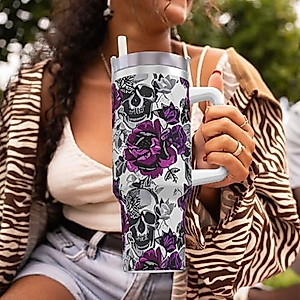 ZHSGNMHH Floral Skull 40oz Tumbler With Handle And Straw Stainless Steel Hot/Cold Travel Coffee Cup With Lid