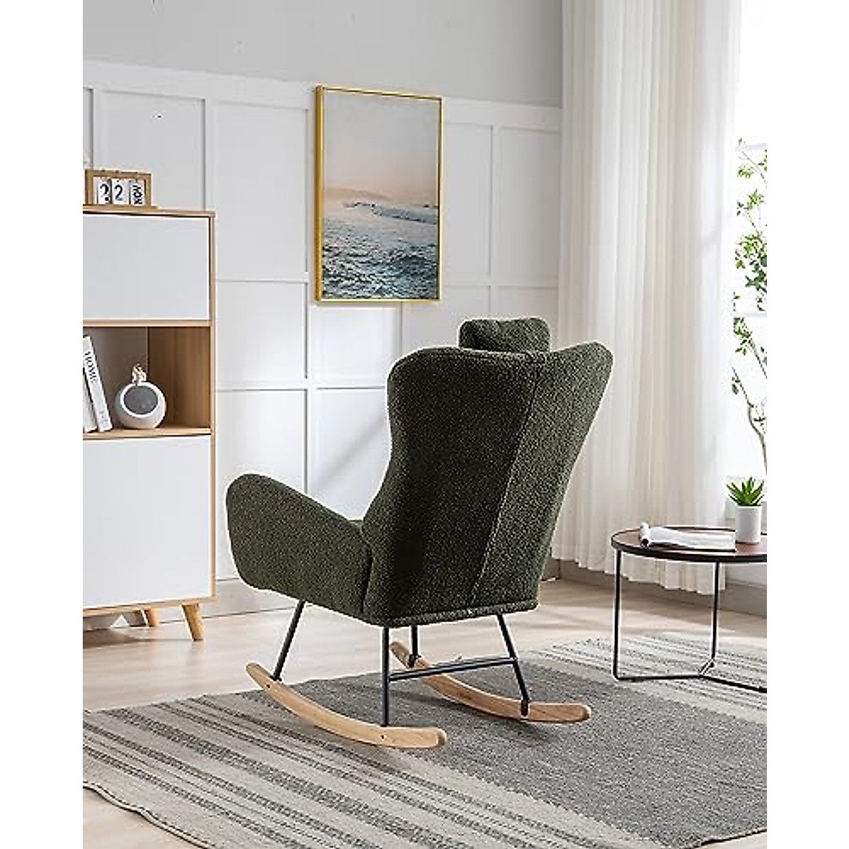 Rocking Chair for Baby Nursery, Comfy Small Rocker with Neck Rest and Pocket, Modern Upholstered Accent High Back Armchair for Living Room, Bedroom, and Office (Dark Green)