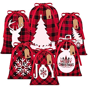 Aneco 6 Pieces Buffalo Plaid Drawstring Bags 3 Sizes Cotton Christmas Santa Sack Xmas Stocking Bag Red and Black Gift Bags with 24 Pieces Kraft Tags for Christmas Party Decoration
