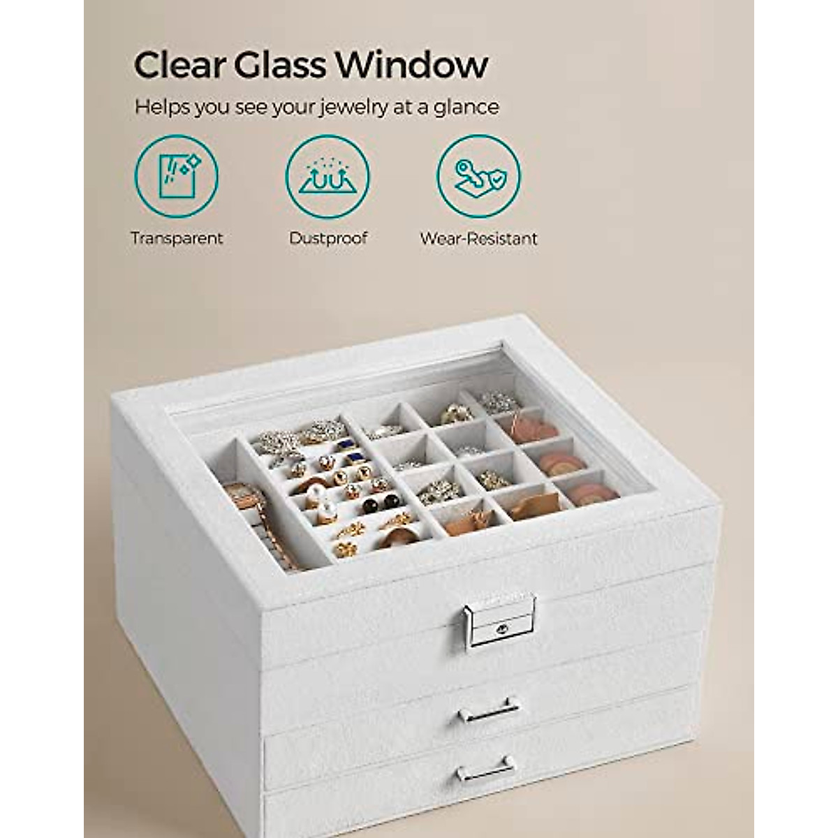 SONGMICS Jewelry Box, Lockable Jewelry Storage Organizer, Jewelry Case with Glass Window, for Rings, Earrings, Studs, Bracelets, Necklaces, White UJBC158W01