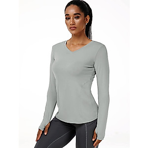 CADMUS Women's V-Neck Workout Shirts Long Sleeve Yoga Top Athletic Running T Shirt,Black, Grey, White,Medium
