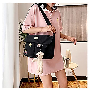 Tote Bag for Women Canvas Hobo Bag Cute Messenger Bag Shoulder Bag Large Kwaii Crossbody Bag with Pins and Pendant