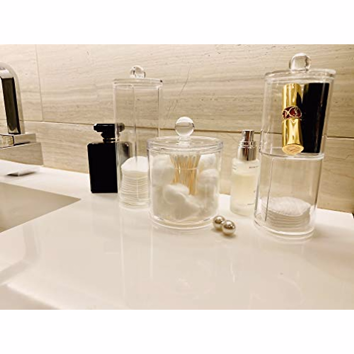 Jupley Premium Quality Bathroom Accessory Acrylic Set - Qtip Dispenser, Cotton Tips, Cotton Balls, Cotton Pads, Make-up Sponge Holder