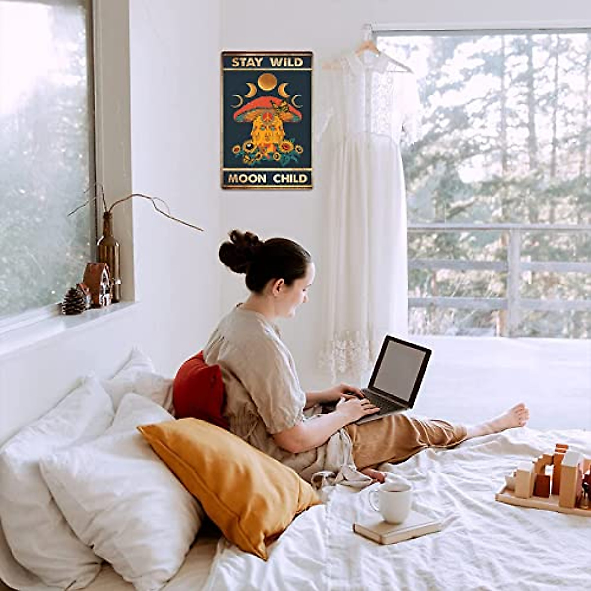 SGYJW Hippie Tin Sign Retro Sunflower Funny Mushroom Anti War Sign Stay Wild Moon Child Flower Child Metal Poster 8x12 Inch Iron Painting Plaque Wall Decor for Bedroom Bathroom Bar Living Room Wall Decor