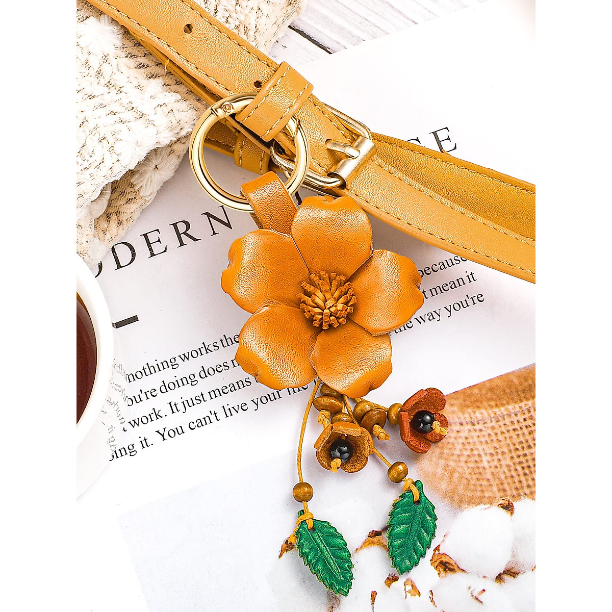 Inbagi Leather Leaf Flower Tassel Keychain Boho Accessories Cute Keychains for Women Wallet Bag Purse Ring Pendant Charms (Yellow)