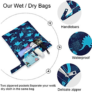 visesunny Blue Dinosaur Footprint 2Pcs Wet Bag with Zippered Pockets Washable Reusable Roomy for Travel,Beach,Pool,Daycare,Stroller,Diapers,Dirty Gym Clothes, Wet Swimsuits, Toiletries