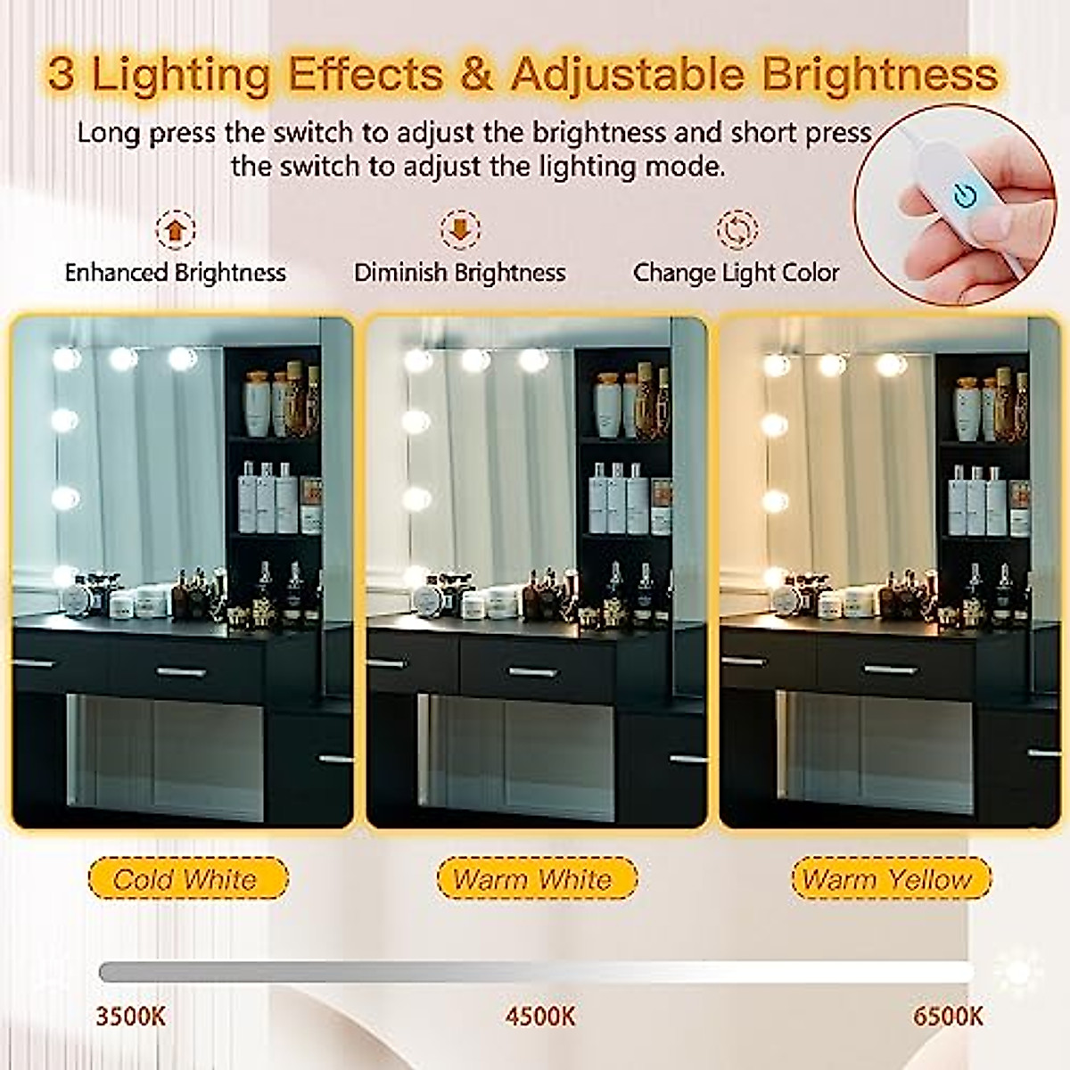 usikey 47.2" Large Vanity Desk with 10 Lights Bulbs & Full-Length Mirror, 70.9" High, Makeup Vanity with Lights and 5 Drawers, Vanity Table Set with Mirror Cabinet and 8 Storage Shelves, Black