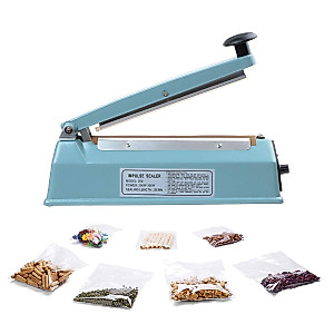 8" (200mm) Impulse Sealer Upgrade Thicken Iron case- Manual Poly Bag Heat Sealing Machine Closer Kit w/Adjustable Timer, Portable with Free Replacement Element Grip and Teflon Tape (8 Inch)