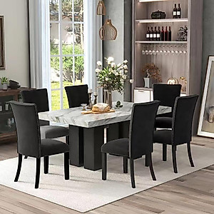 WOZNLA 7-Piece Table Set, Faux Marble Tabletop and 6 Upholstered Chairs, Enhance Your Dining Room Ambiance, Black