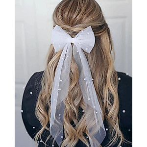 Bolonar Pearl White Hair Clip with Bow and Veil, Large 8' W x 18' L, Handmade for Bachelorette Party, Bridal Shower, Wedding, Bridesmaid Gift, Engagement Party, Daily Wear