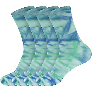 BambooMN Men's Rayon from Bamboo Fiber Tie Dye Crew Dress Socks - Blue Green - 4 Pairs - Size 10-14