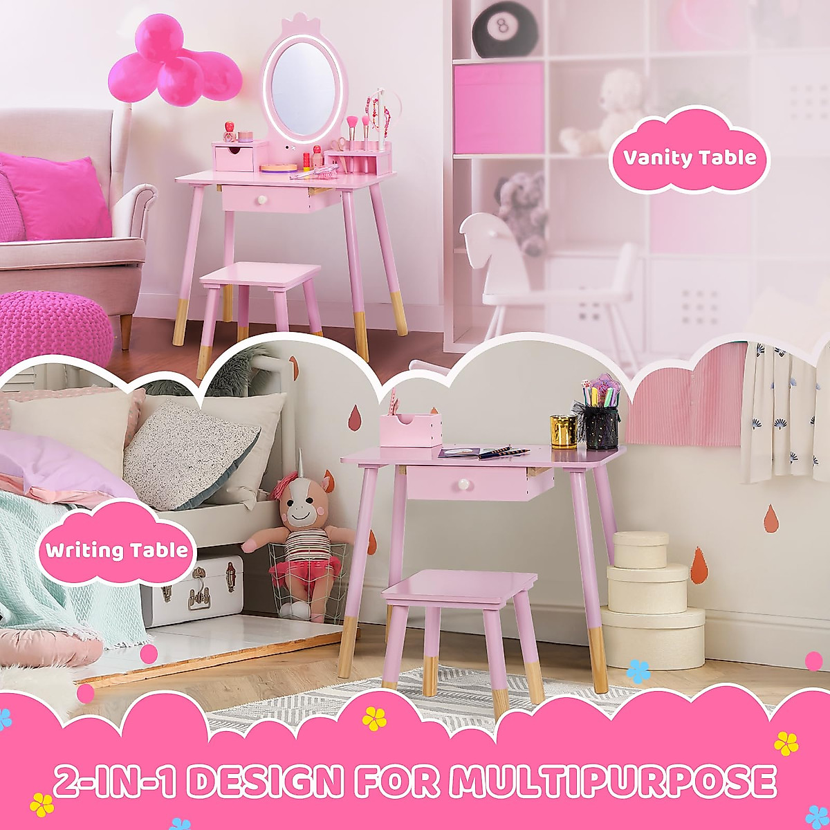 BRINJOY Kids Vanity Set with Light, Wooden Princess Vanity Table with Mirror & Stool & Jewelry Rack & Storage Board, Children Make Up Beauty Dressing Table for Girls Ages 3+