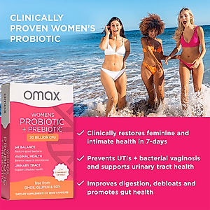 Omax Health Prebiotics and Probiotics Complex for Women, pH Balance, Vag Health, Urinary Tract, Yeast & BV Prevention, Lactobacillus & Bifidobacterium | Vegan, Organic, Gluten Free