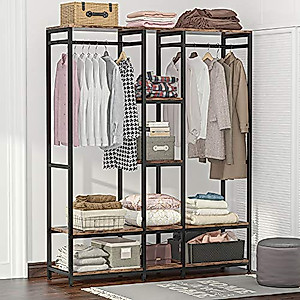 Tribesigns Double Rod Free standing Closet Organizer,Heavy Duty Clothes Closet Storage with Shelves, Extra Large Wardrobe Clothes Garment Rack, Shelving Unit Capacity 500 lb, (Vingtage Dark Walnut)