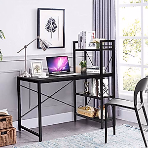 Tangkula Computer Desk with 4 Tier Shelves, Study Writing Table with Storage Bookshelves, Modern Compact Home Office Workstation, 47.5" Tower Desk with Steel Frame & Adjustable Feet Pad, Black