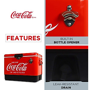 Coca-Cola Ice Chest Beverage Cooler with Bottle Opener, 51L (54 qt), 85 Can Capacity Portable Cooler, Red and Black, for Camping, Beach, RV, BBQs, Tailgating, Fishing