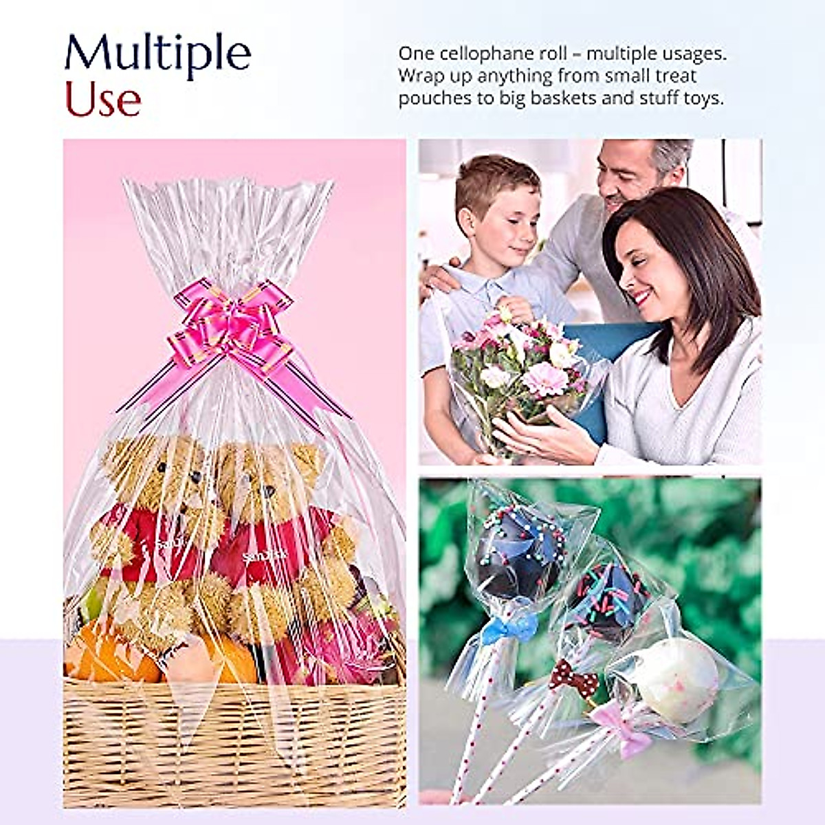 31.5 inch x 100 ft Clear Cellophane Wrap Roll for Gift Baskets with 10 Large Pull Bows and 2 Ribbons -Florist Cellophane Wrap Roll used for Christmas Crafts, Gifts, Flower Bouquet, Wicker Basket, Halloween Sweets