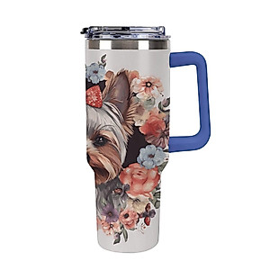 WYUSPGK 40oz Stainless Steel Car Mug, Yorkie Floral Print Travel Mug, Double-Wall Insulated with Straw, Perfect for Car, Office, Outdoor