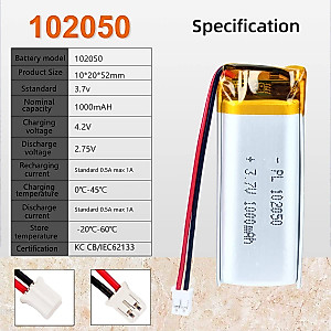 YDL 3.7V 1000mAh 102050 Lipo Battery Rechargeable Lithium Polymer ion Battery Pack with PH2.0mm JST Connector