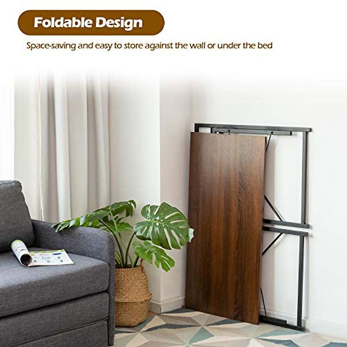 Tangkula Folding Computer Desk, Study Writing Desk with 6 Hooks, Modern Simple PC Laptop Desk with Sturdy Metal Construction, Space Saving Writing Table for Home Office (Brown)