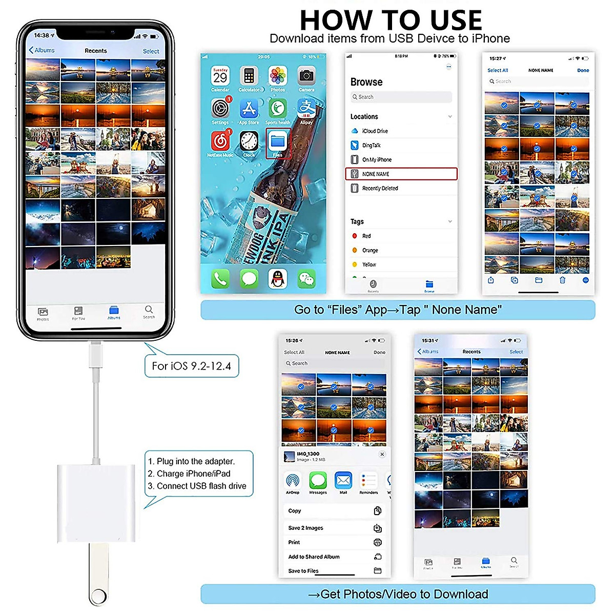 sharllen Lightning USB Camera Adapter,Apple Certified USB Female OTG Reader Connector Charging Port Phone Charger Cable Cord Compatible iPhone/iPad/iPod,USB Drive,MIDI Keyboard,Mouse iOS9.2-14+