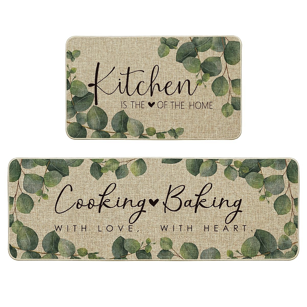 Artoid Mode Eucalyptus Leaves Mats Set of 2, Kitchen is The Heart of The Home Cooking with Love Baking with Heart Decorations for Home 17 x 29 and 17 x 47 Inch