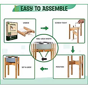 Dog Bowl Stand for Large Dogs - Height 14-inch, Adjustable, Lockable Width 8-11inches Wide - Food and Water Feeder Holder - Bamboo