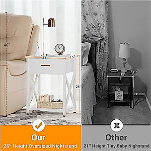 Ecoprsio Oversized Nightstands Set of 2, 26" Bedside Table with Charging Station, Modern End Side Table with X-Design, Tall Night Stand with Drawer and Shelf for Bedroom, Living Room, Sofa, White