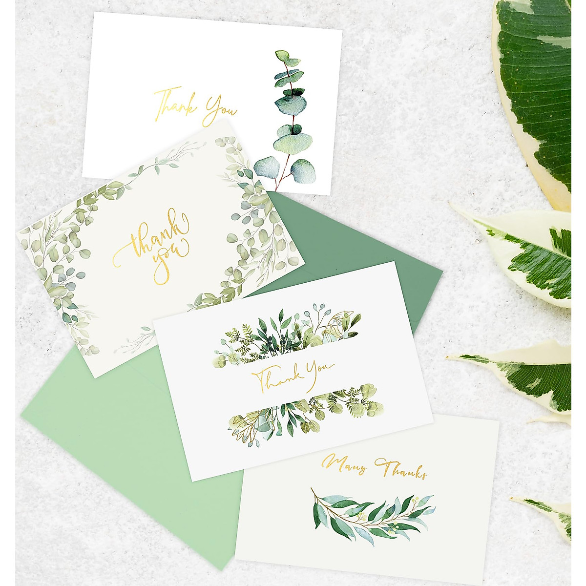 24 Pack Gold Foil Greenery Thank You Cards with Self-adhesive Envelopes, 4"x6" Boxed Watercolor Thank You Note Cards for Bridal Shower, Wedding or Baby Shower, 24 Unique Designs