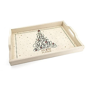 Elysian Gift Shop Joy to The World Christmas Serving Tray- Rustic Farmhouse Modern slatted Wood Look with Handles and Christmas Tree Christmas Decorative Large Platter, Ivory, 18x12