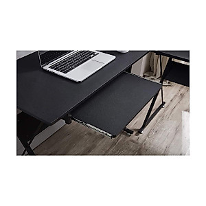 Desk L Shaped Computer with Keyboard Tray, Wood Reversible Corner, L- Shaped Gaming Home Office PC Study Table Workstation Wooden Black Round Corner