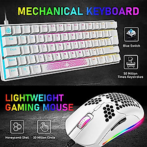 Mechanical Mini RGB Gaming Keyboard and Mouse Combo with Compact 62Key Layout Rainbow Backlight Anti-ghosting 6400DPI Honeycomb Mice Type-C Wired for PC Mac Gamer Laptop Typists DIY(White/Blue Switch)
