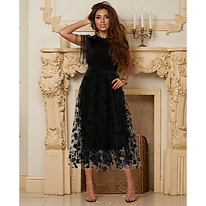 Women's A Line Tulle Midi Skirt Tutu Tiered Petticoat Skirts Tea-Length Elastic Waist Tutu Skirts (Flower Black 3 Layer)