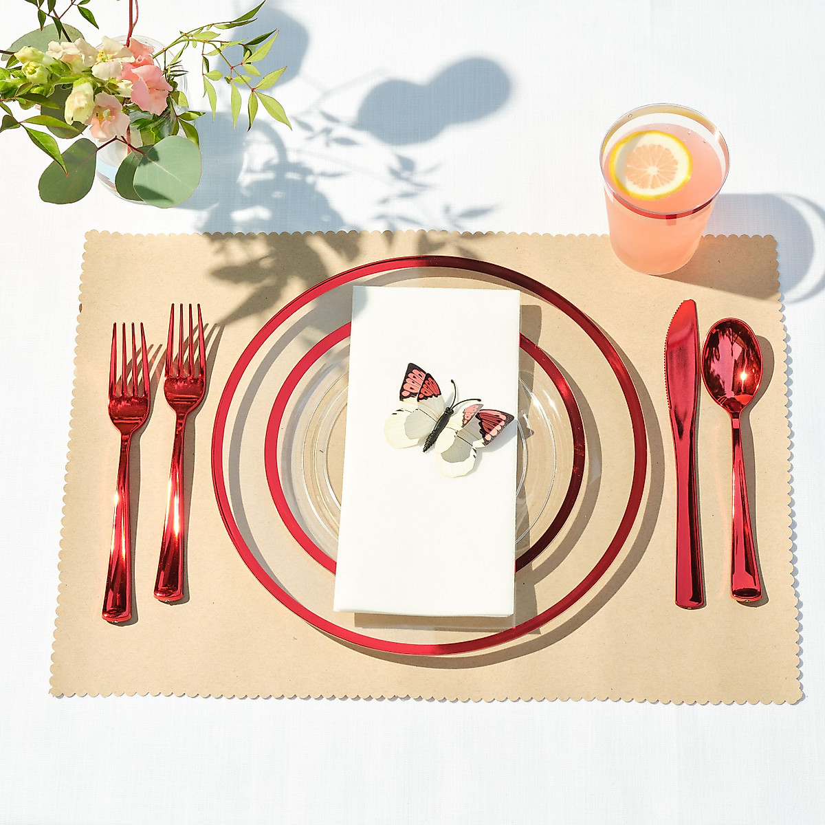 By Madee HEAVYWEIGHT 100 Pc Clear and Red Party Plates | Includes 50 Dinner & 50 Dessert Plates (50 Guests)